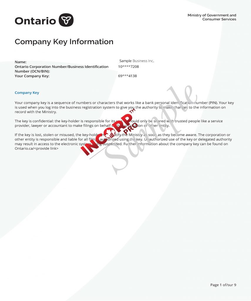 Sample of Company Key - Incorporation Pro