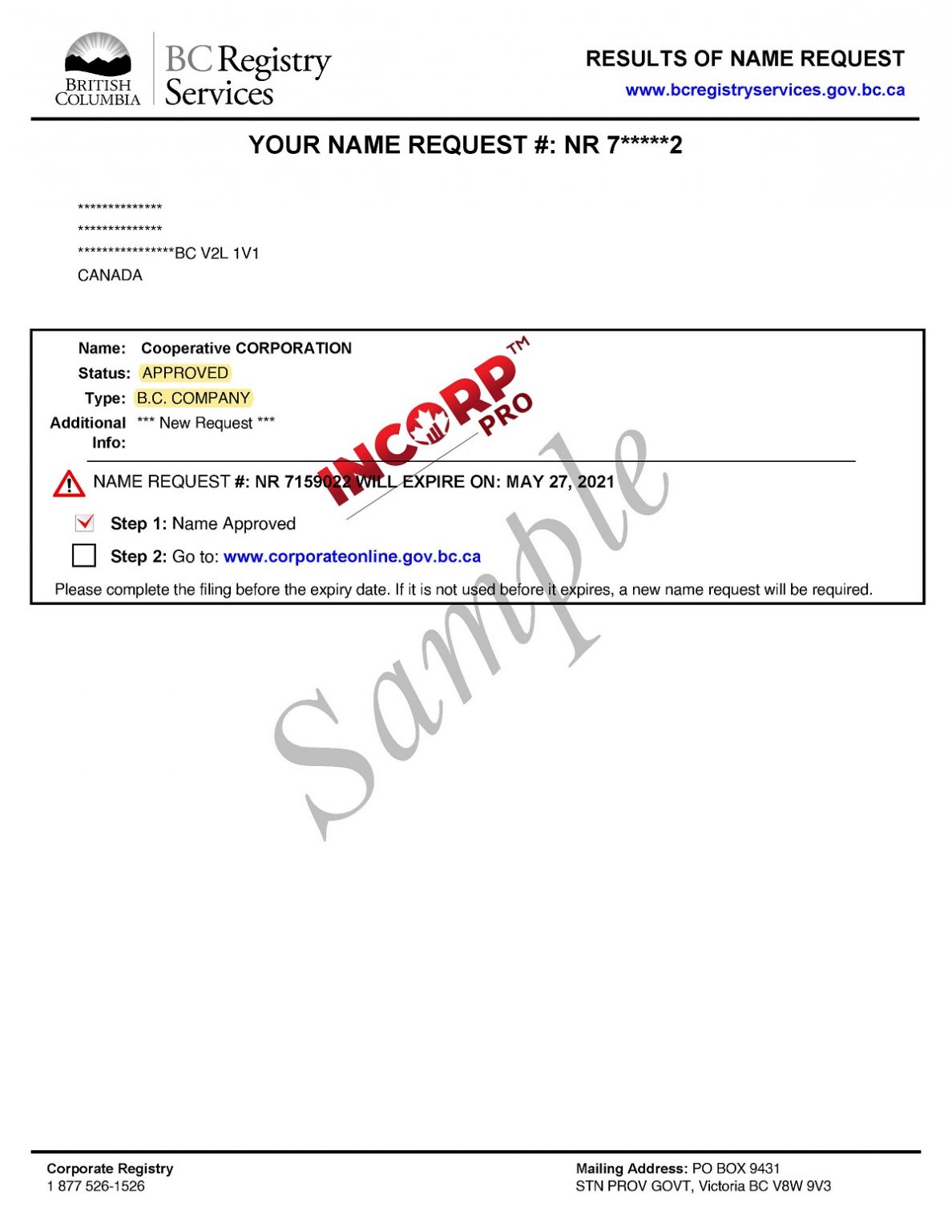 BC Name Approval Sample - Incorporation Pro