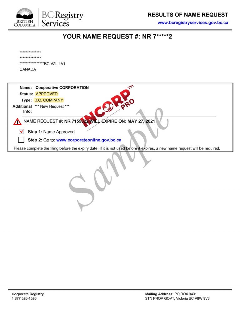 BC Name Approval Sample - Incorporation Pro