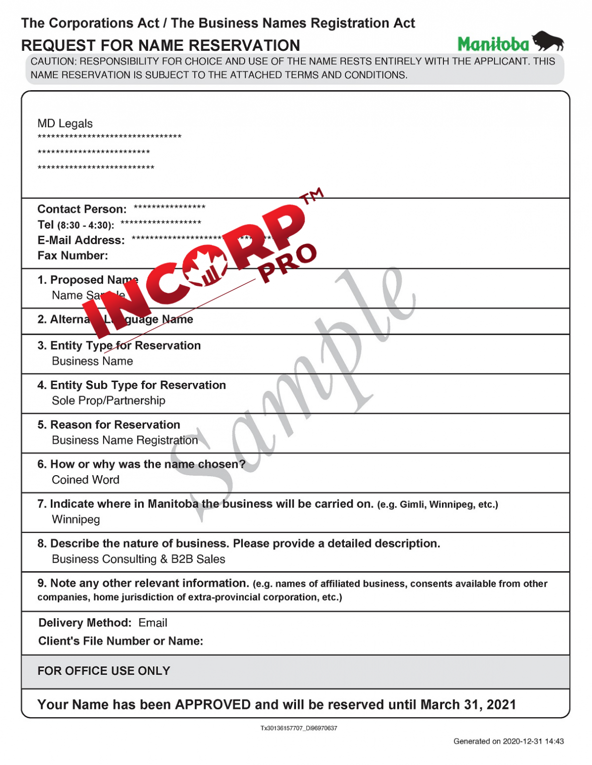 Name Approval of Manitoba - Incorporation Pro