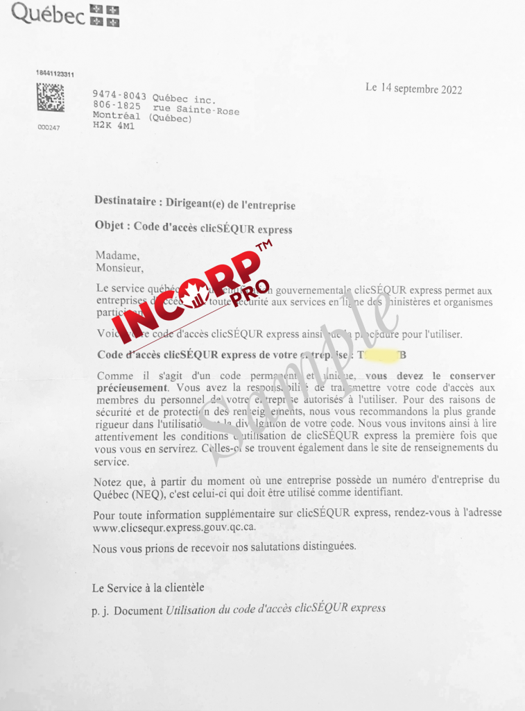 Quebec ClicSÉQUR Code - Incorporation Pro