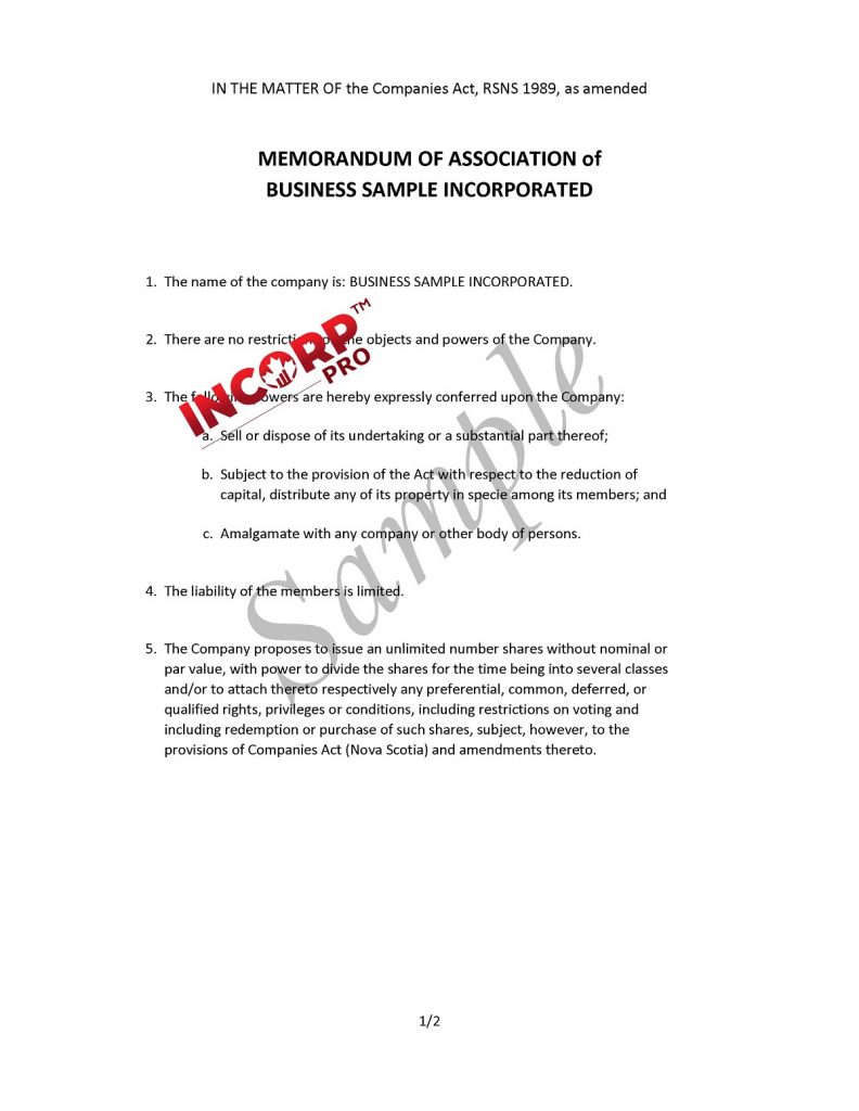 Sample of Memorandum of Association NS - Incorporation Pro